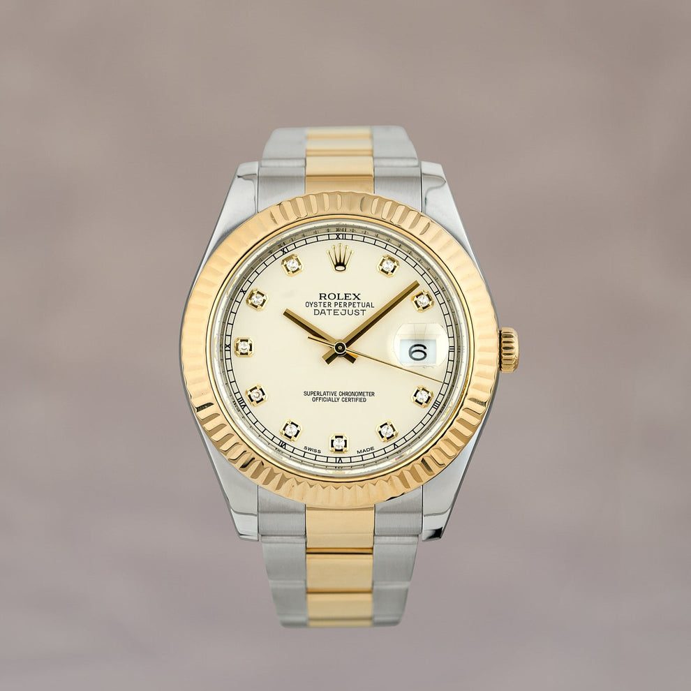 Rolex Datejust II 41 Two Tone Yellow Gold Ivory Dial With Diamonds 116 ...