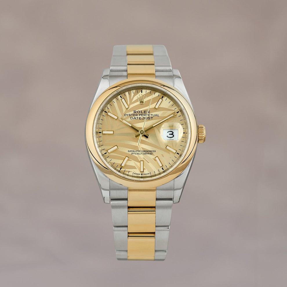 Rolex Datejust 36 Two Tone Yellow Gold Palm Dial 126203 2021 – Gentry ...
